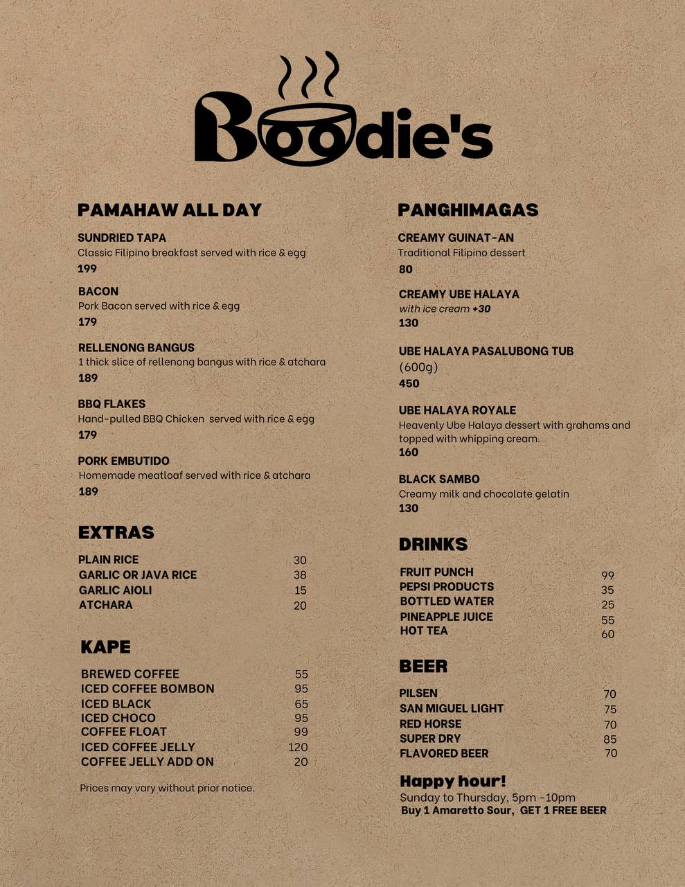 Boodie's Bistro Menu