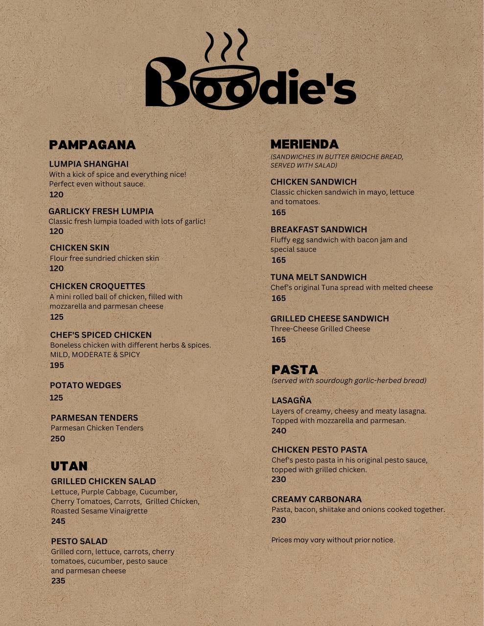 Boodie's Bistro Menu