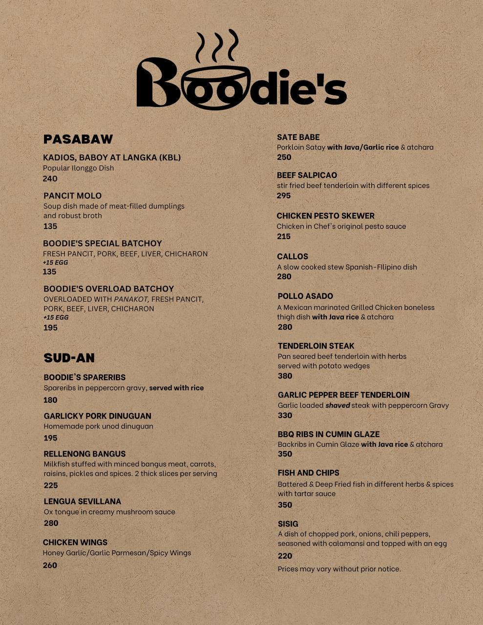 Boodie's Bistro Menu